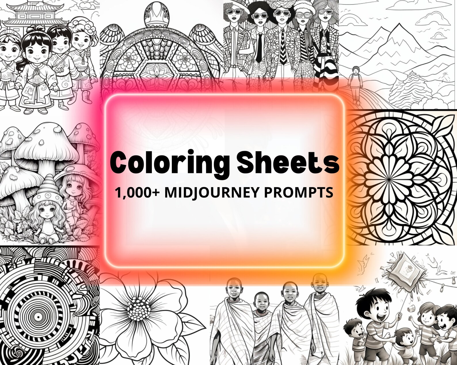 Coloring Book Sheet Prompts 1,000+ Color Greyscale Midjourney Prompt AI ...