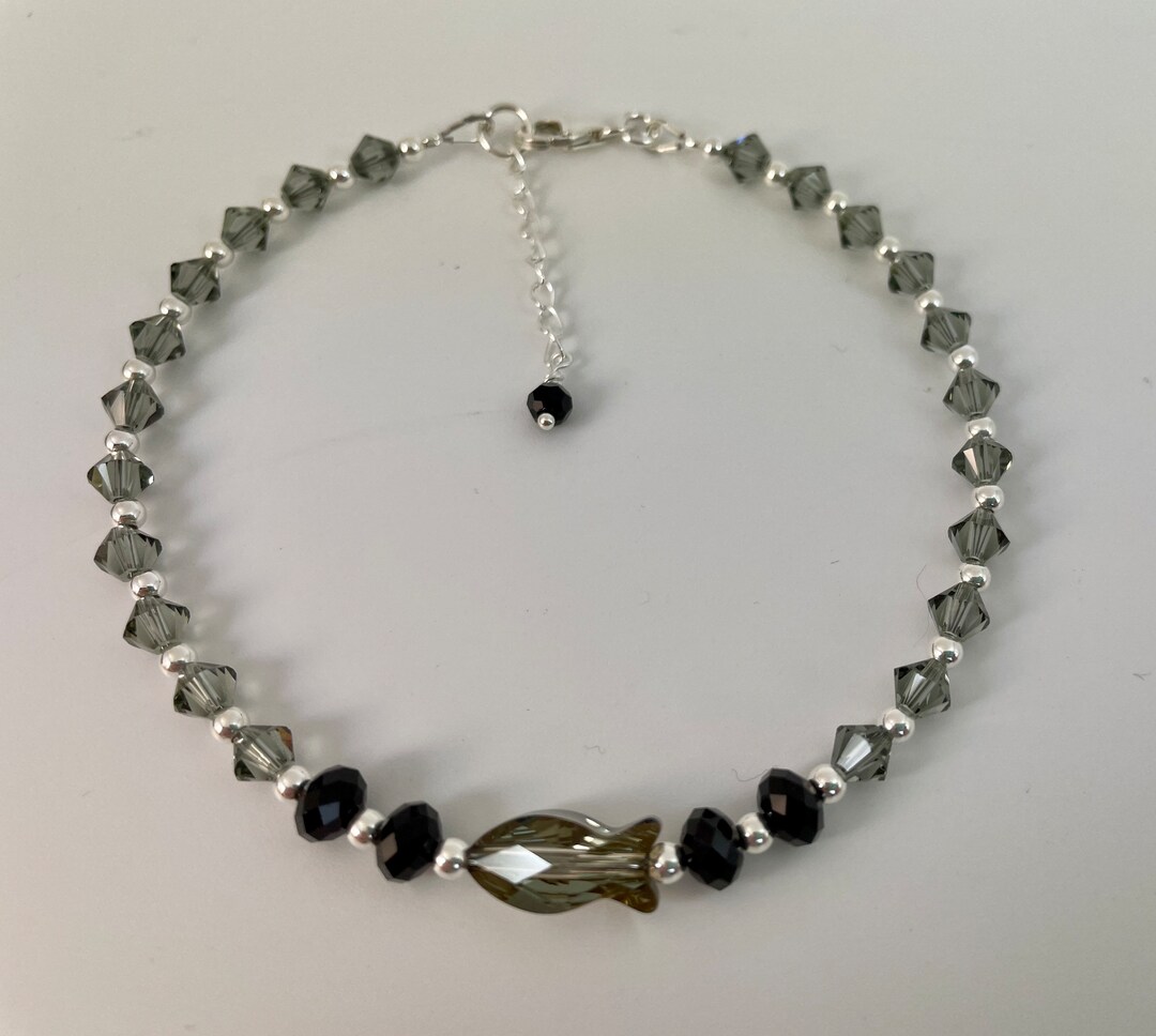 Swarovski Crystal Sterling Silver Fish Ankle Chain Grey Beaded Anklet ...