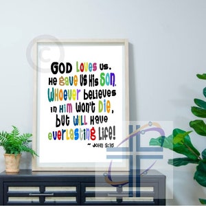 John 3:16 Printable Bible Poster Scripture Verse Kids Classroom ...