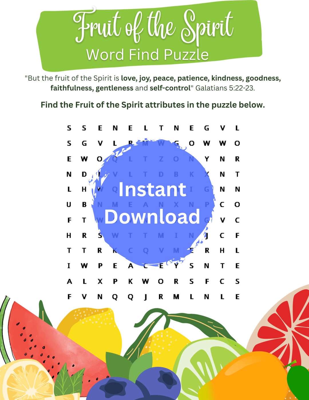 Fruit of the Spirit Word Search Puzzle: Sunday School Activity (PDF) - Etsy