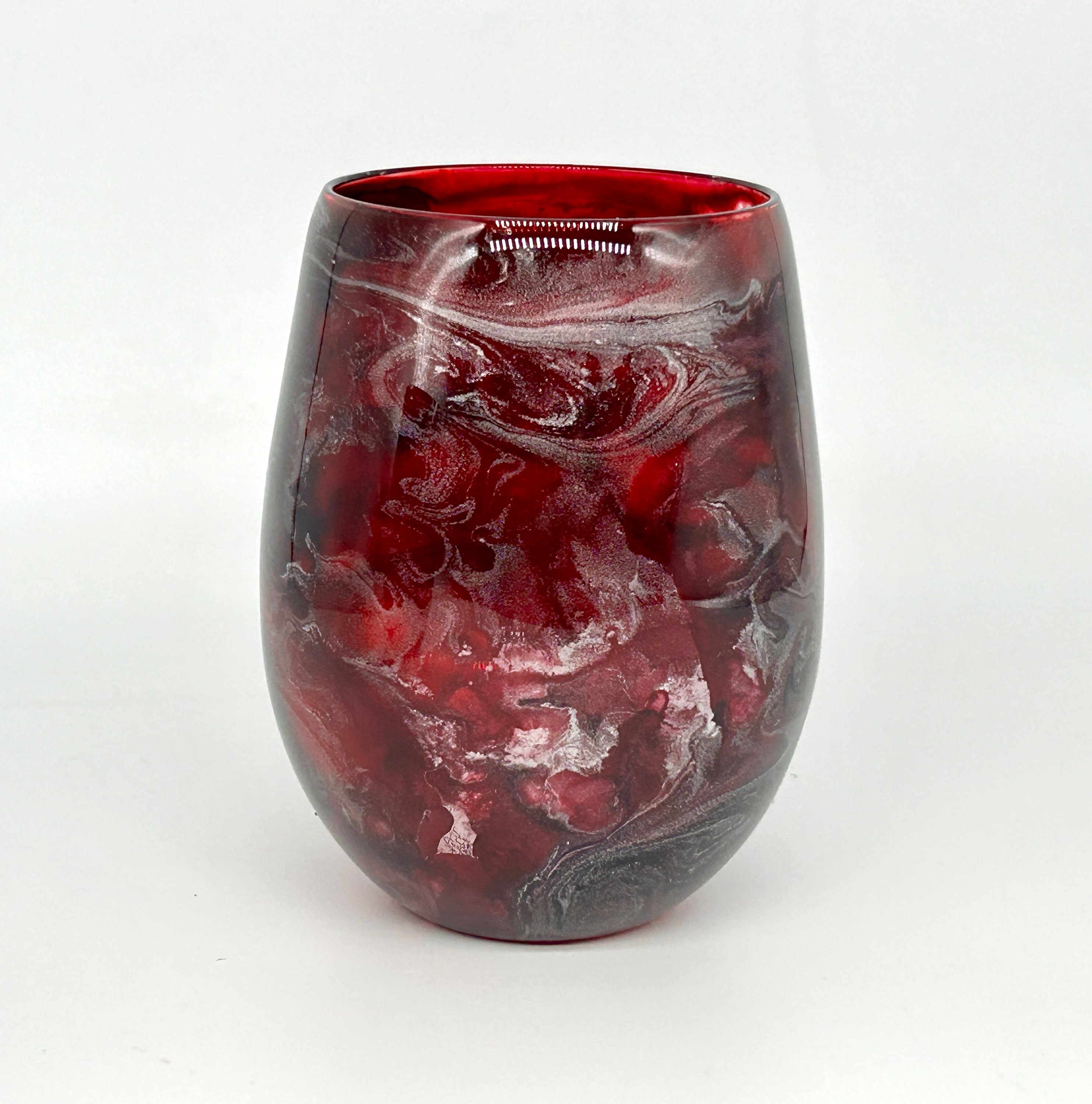 Dark Red and Silver Resin Art Stemless Wine Glass Set of Two Customize ...