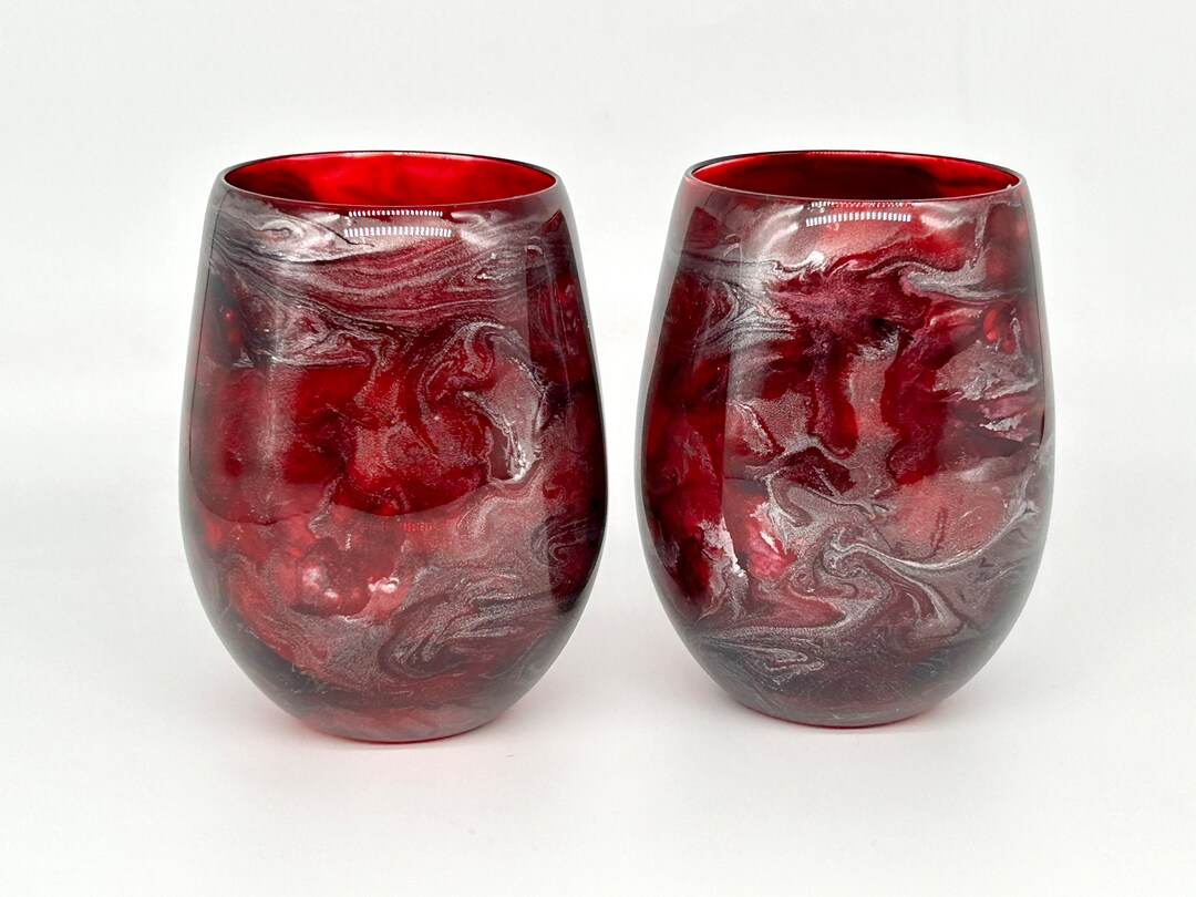 Dark Red and Silver Resin Art Stemless Wine Glass Set of Two Customize ...