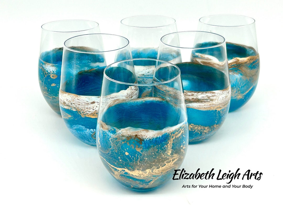 Teal and Gold Waves Resin Art Stemless Wine Glass Set of Two Customize ...