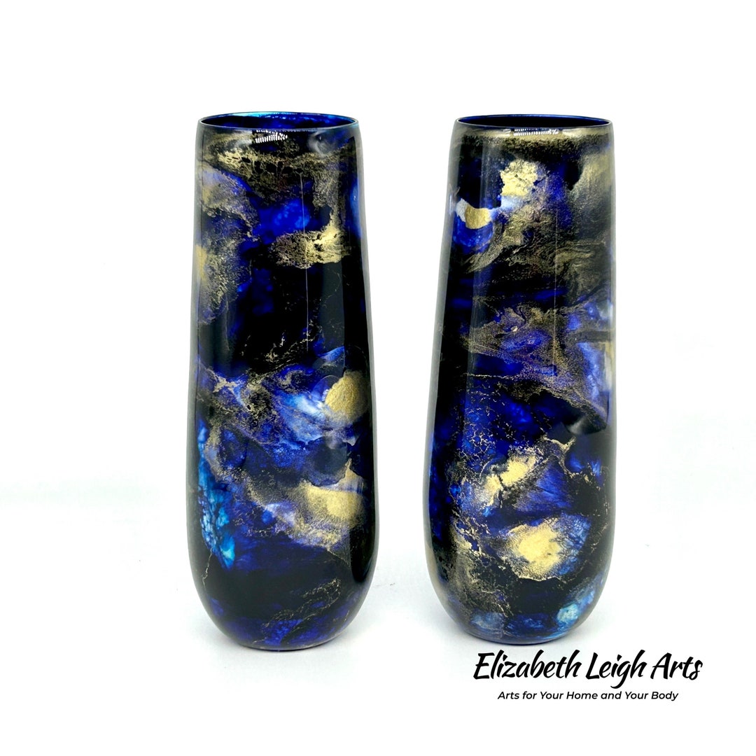 Midnight Blue and Gold Resin Art Stemless Champagne Glass Set of Two ...