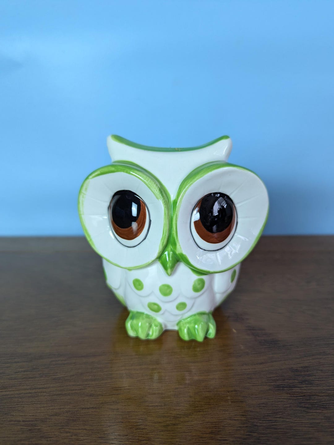 Vintage 1970s Porcelain Owl Planter - White and Green With Huge Eyes ...