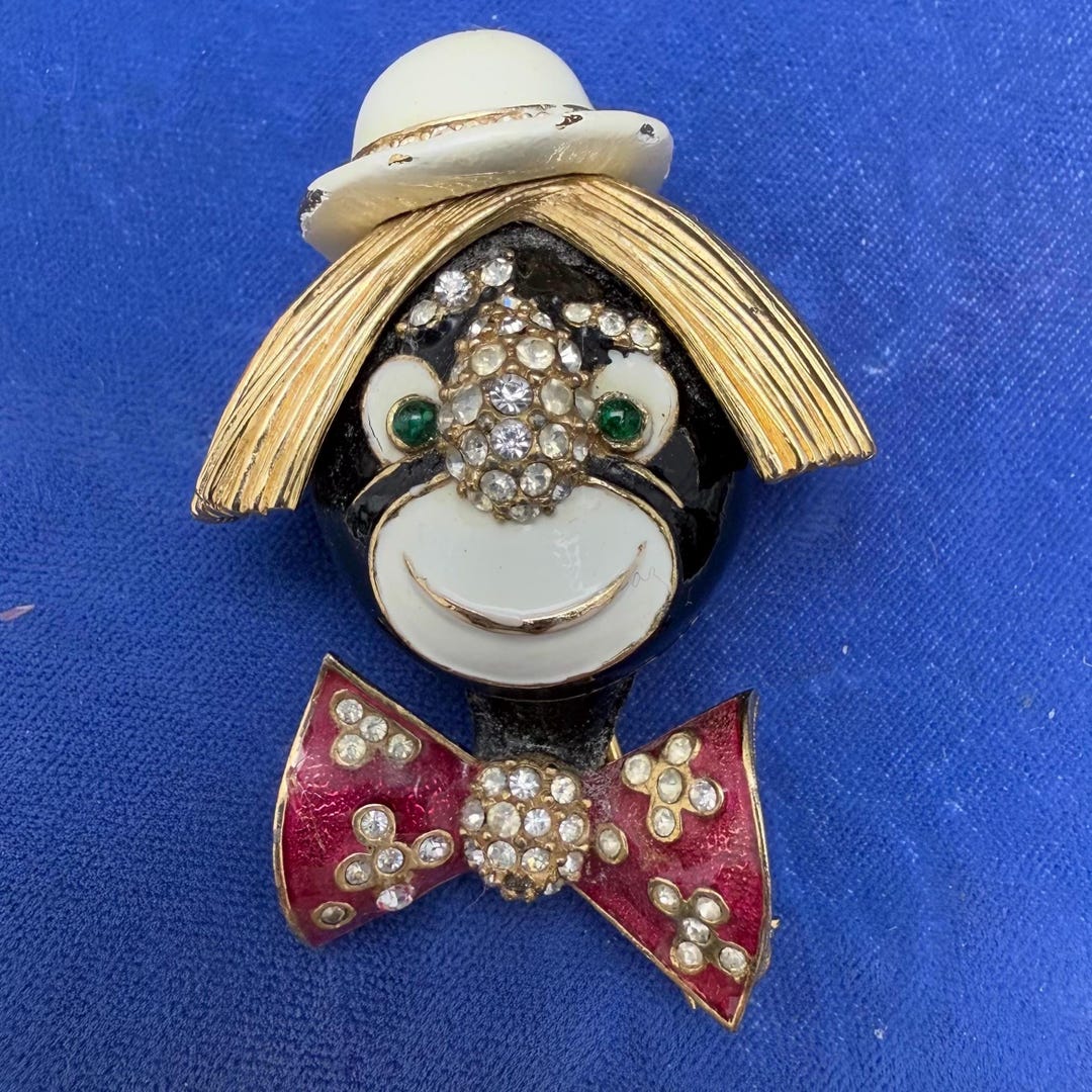 Ciner Coco the Clown Enamel Rhinestone Clown Face Brooch Signed Vintage ...