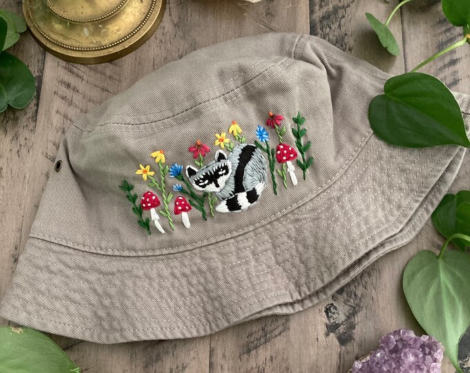Raccoon Embroidered Bucket Sun Hat Forestcore Cottagecore Wearable Art ...