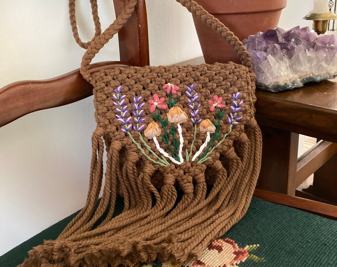 Mushroom Floral Embroidered Bag Handmade Macrame Crossbody Cottagecore ...
