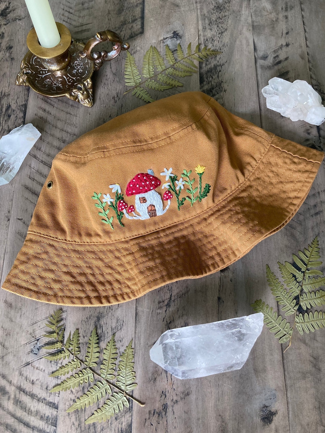 Mushroom Cottage Embroidered Bucket Hat Fairy House Cottagecore ...