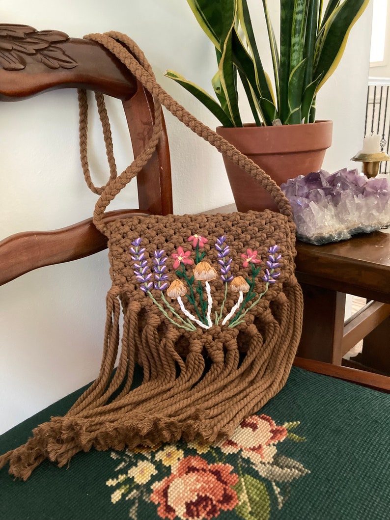Mushroom Floral Embroidered Bag Handmade Macrame Crossbody Cottagecore ...