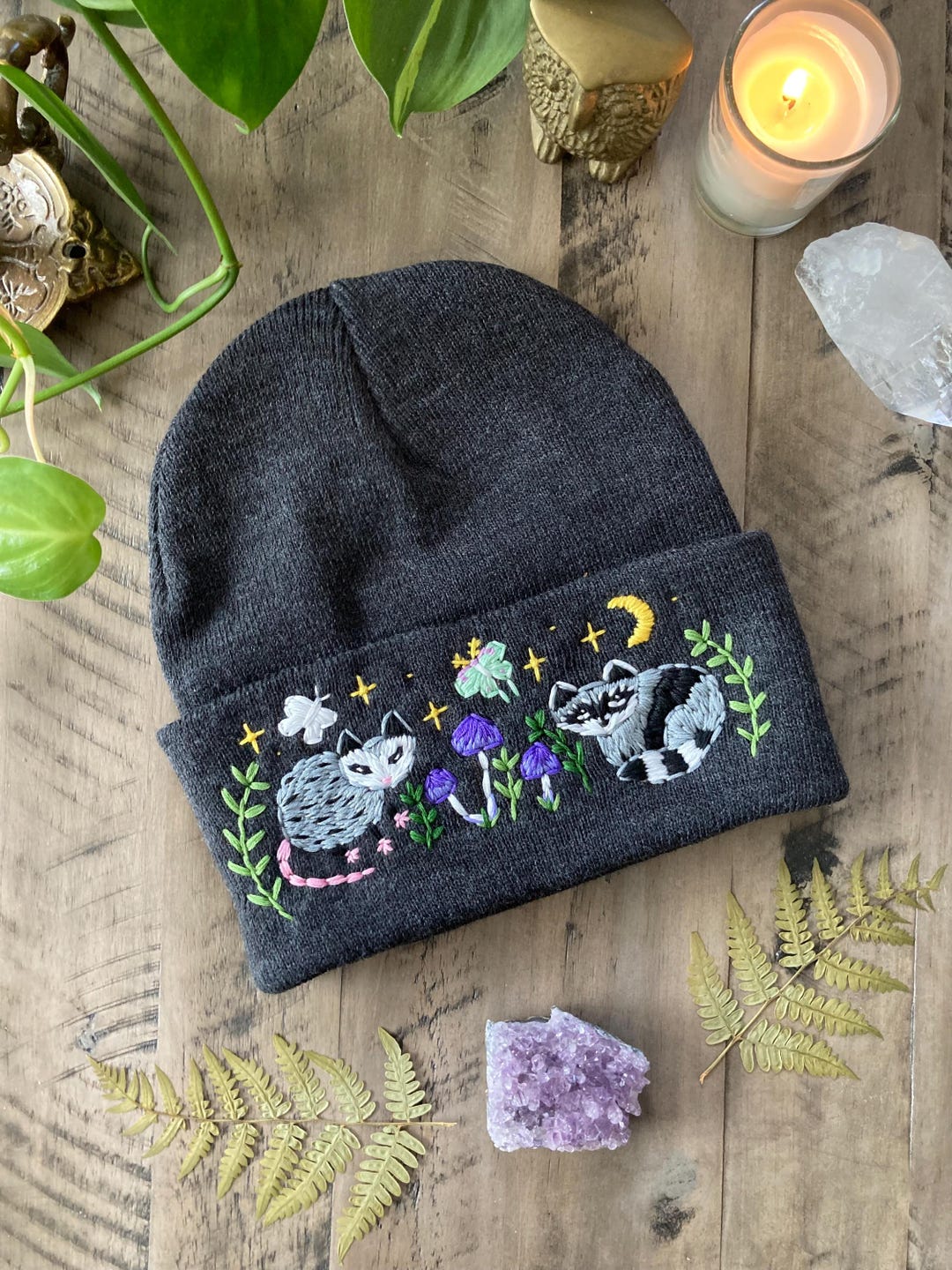 Raccoon and Opossum Embroidered Beanie Cozy Hat Cottagecore Forestcore ...