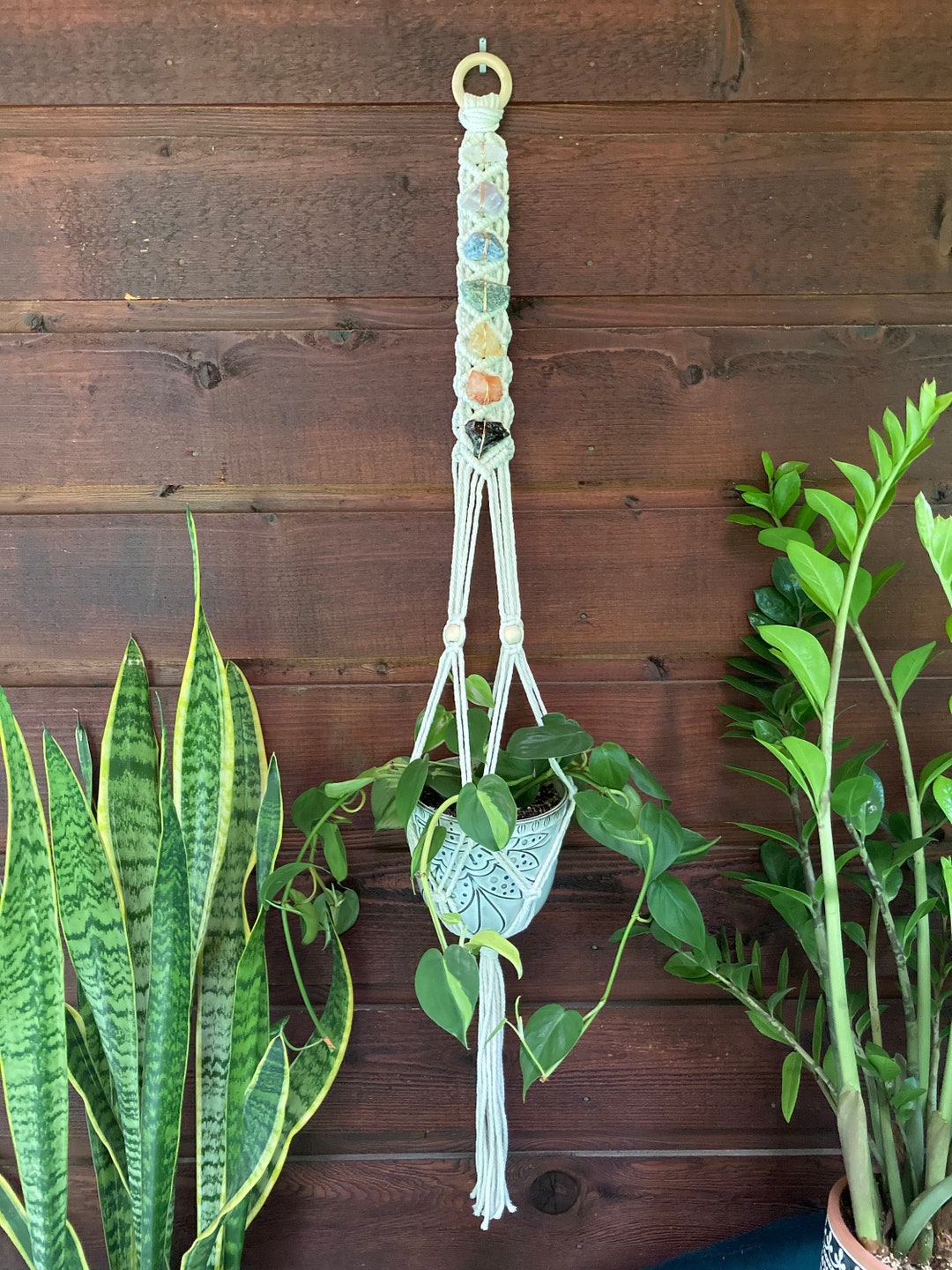 Chakra Macrame Plant Hanger Fiber Art With Raw Crystals - Etsy