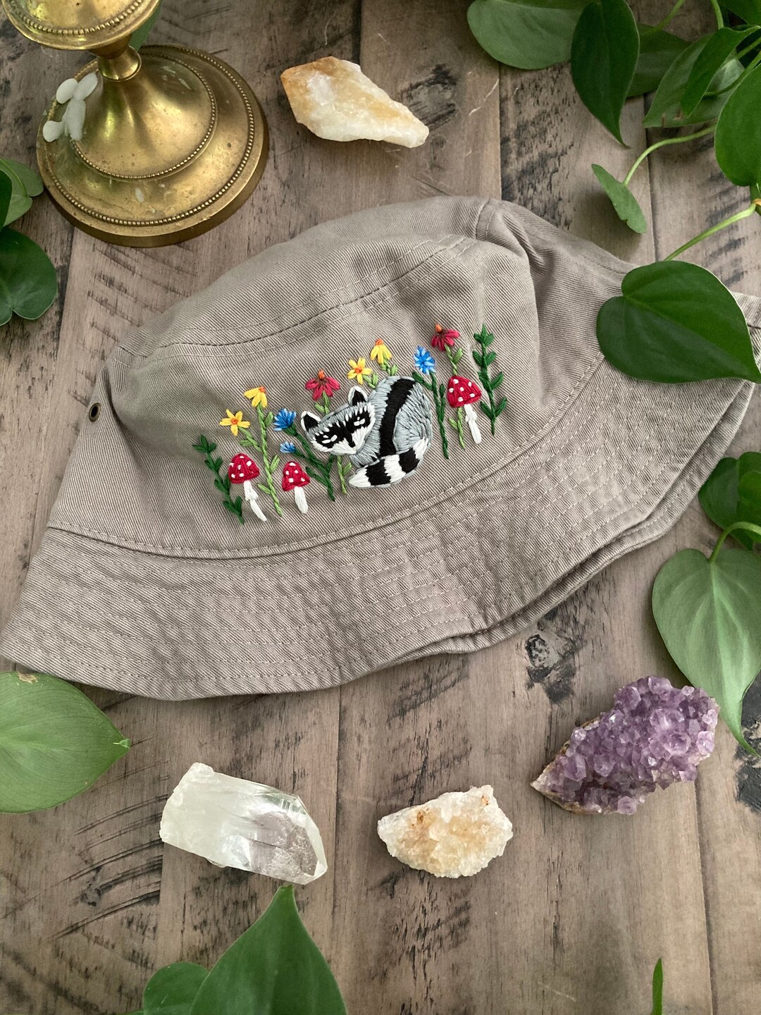 Raccoon Embroidered Bucket Sun Hat Forestcore Cottagecore Wearable Art ...