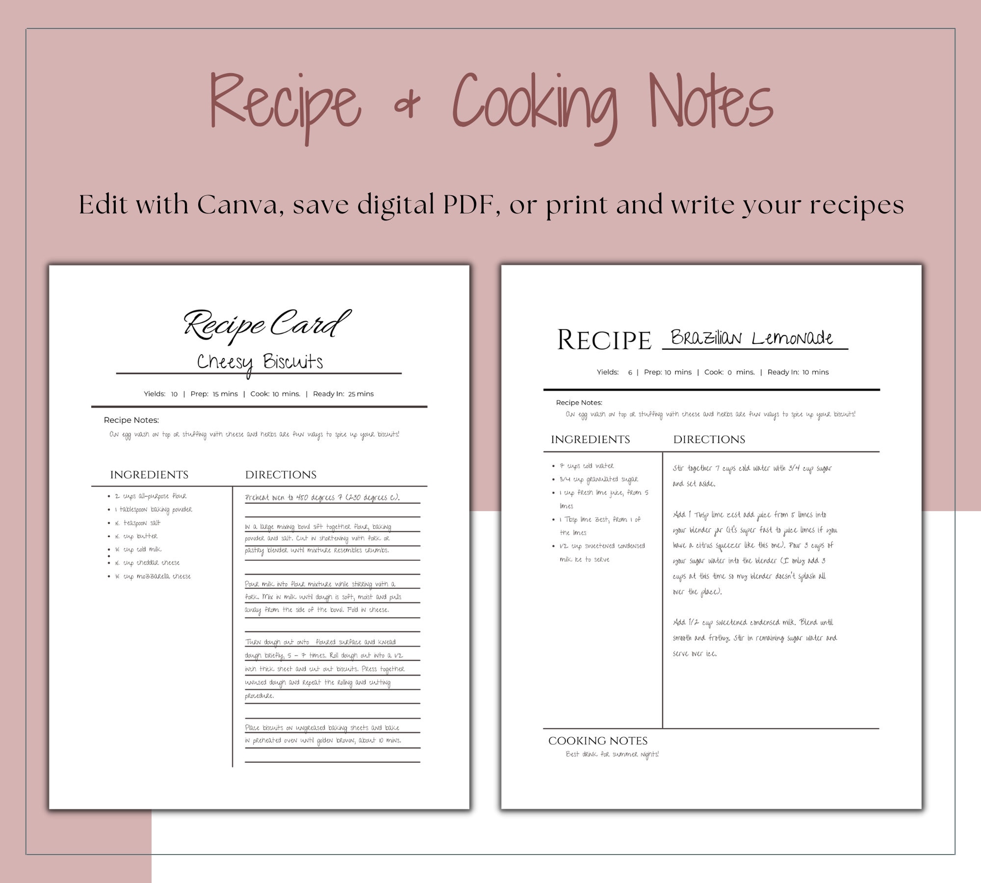 Printable Recipe Card | Digital Recipe Card | Recipe Page 8.5 X 11 ...
