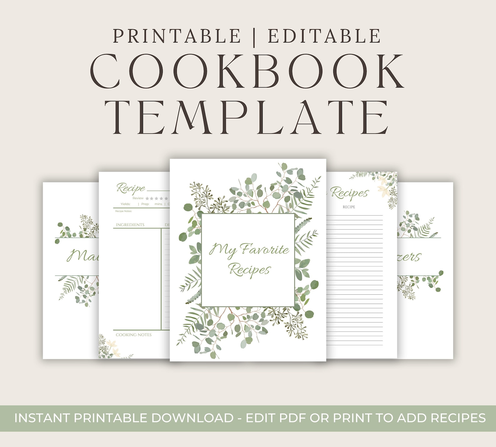 Botanical Digital Cookbook Template | DIY Recipe Cookbook | PDF Edit or ...