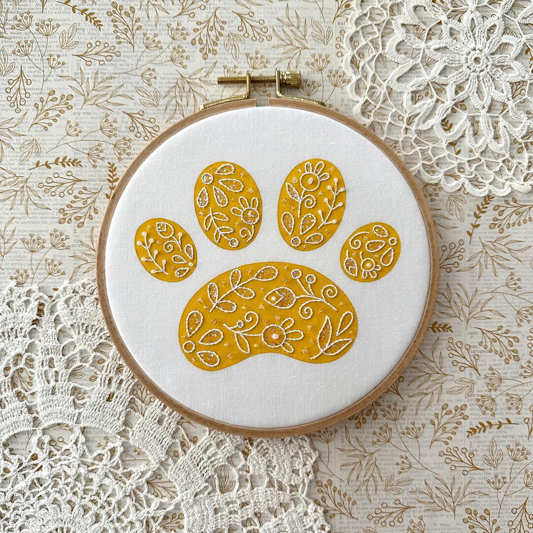 Folk Floral Cat Paw Hand Embroidery - Yellow Sparkly Paw for Cat Lovers ...