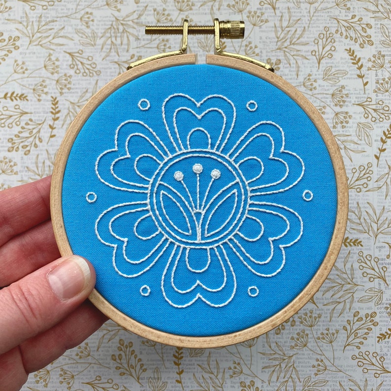 White Folk Flower Outline on Blue Fabric, 4.5 Floral Hand Embroidery ...
