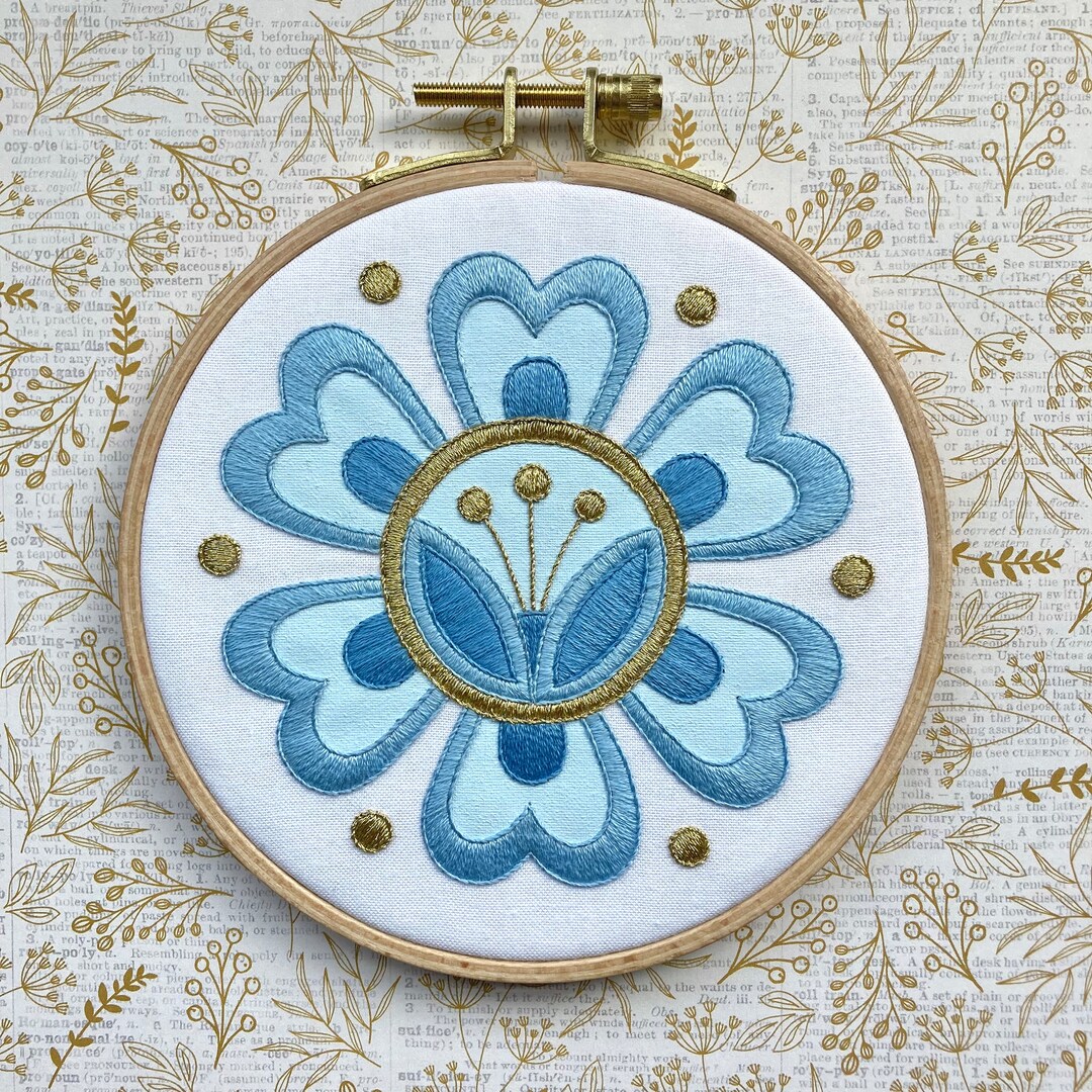 Mixed Media Blue and Gold Flower Embroidery, 5 1/4 Original Hand ...