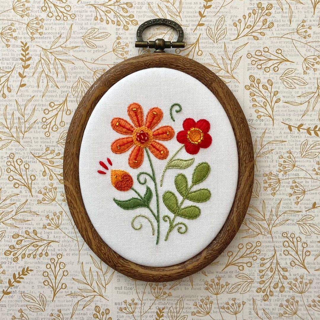 Orange Floral 4.5 Oval Hand Embroidery With Beads, Original Embroidery ...