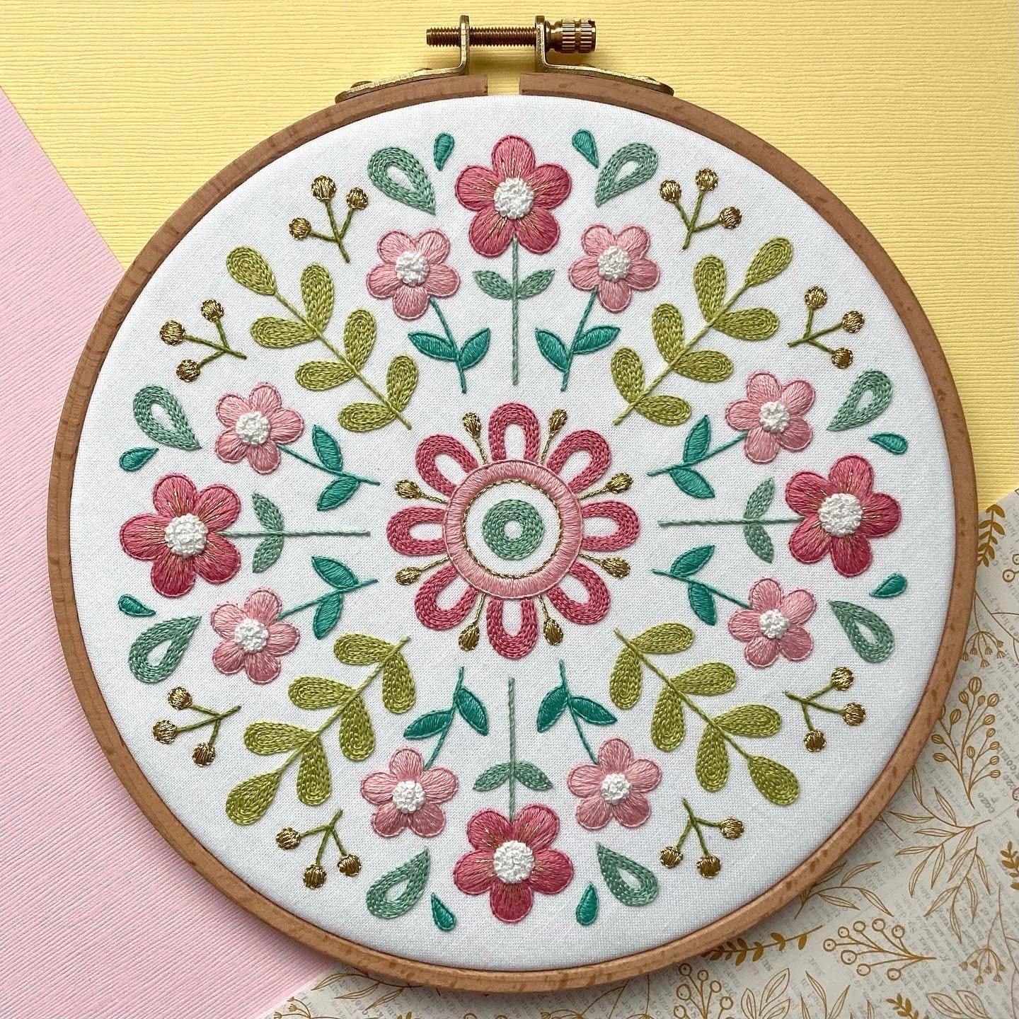 Large Round Floral Folk Hand Embroidery, 7 Hoop, Original Embroidered ...
