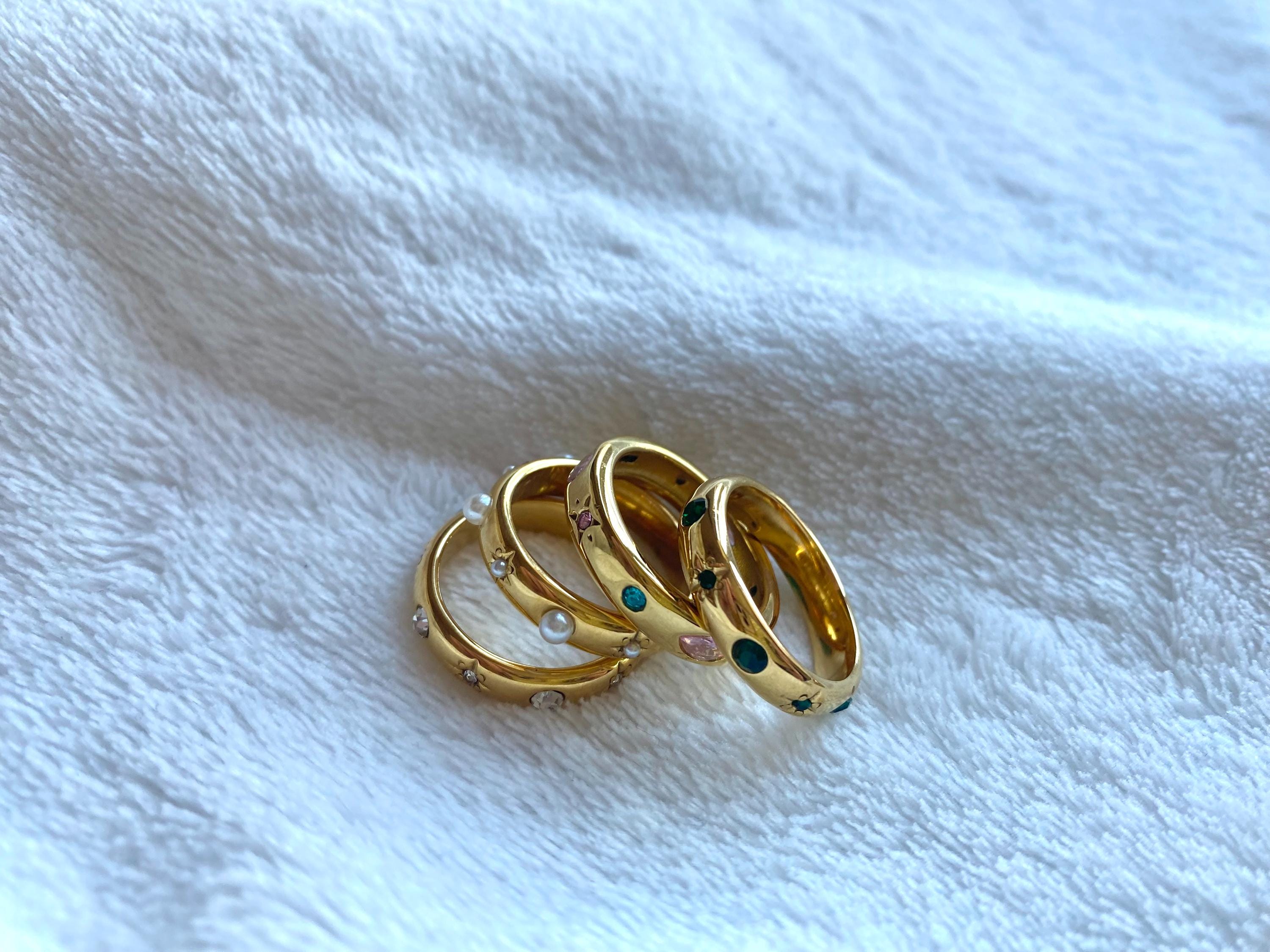 18k Gold Plated Stacking Rings With Crystals & Gemstones – Waterproof ...