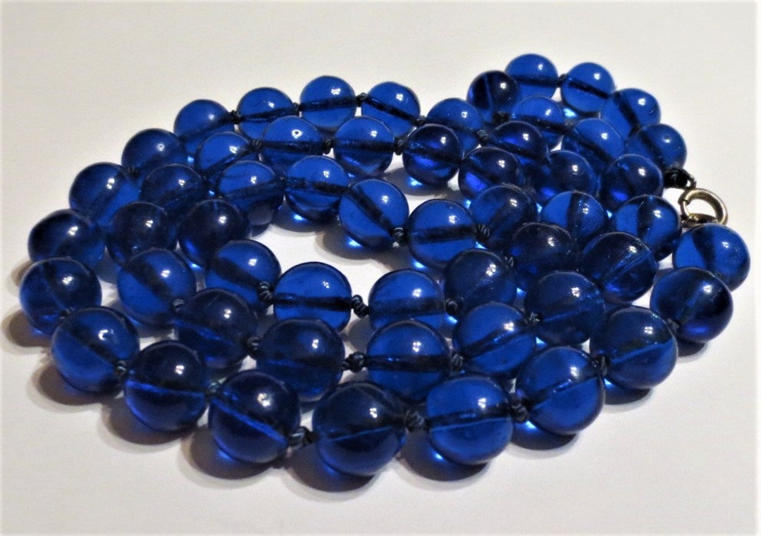 Antique Cobalt Blue Glass Strand of Beads Hand Knotted. Silver C Clasp ...