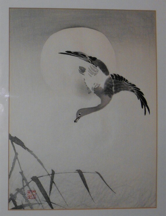 Vintage Japanese Woodblock Print of Goose Flying on the Night - Etsy