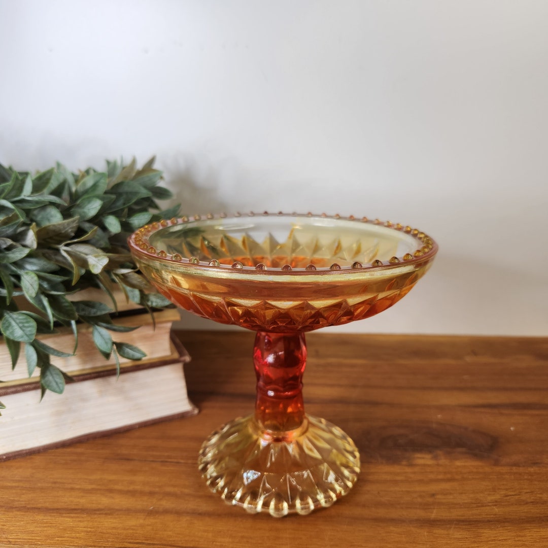 Amberina Footed Candy Dish Sunset Red & Yellow Jeanette Glass Vintage ...