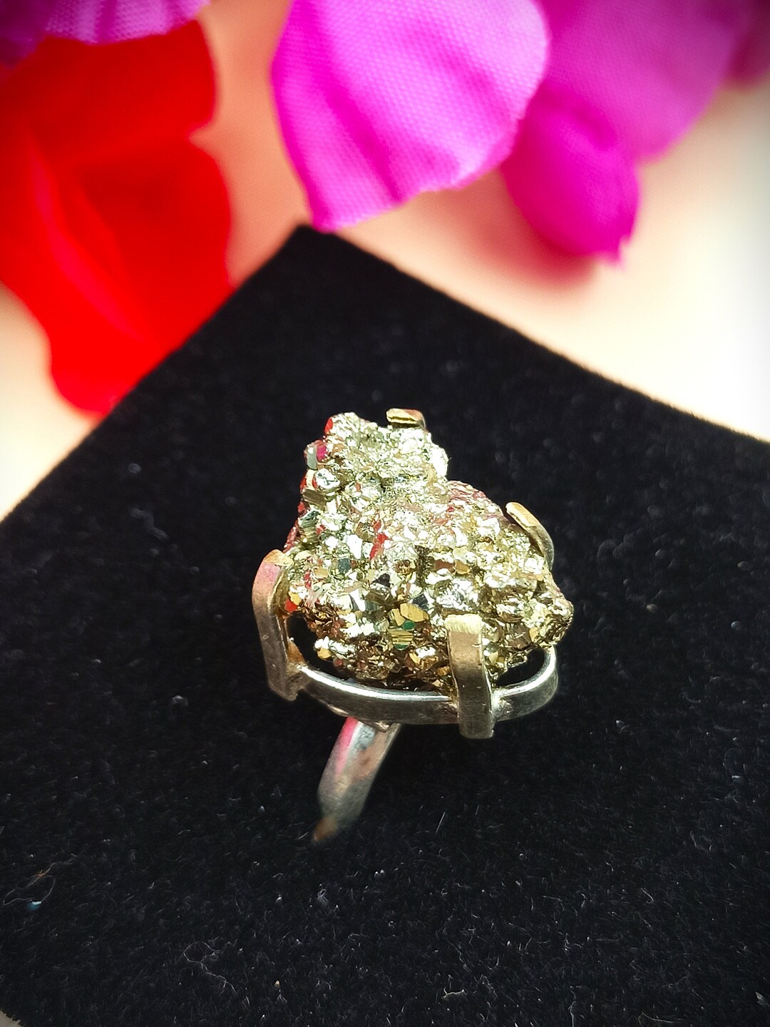 Natural Raw Cluster Pyrite Ring, Rough Gemstone Ring, German Silver ...