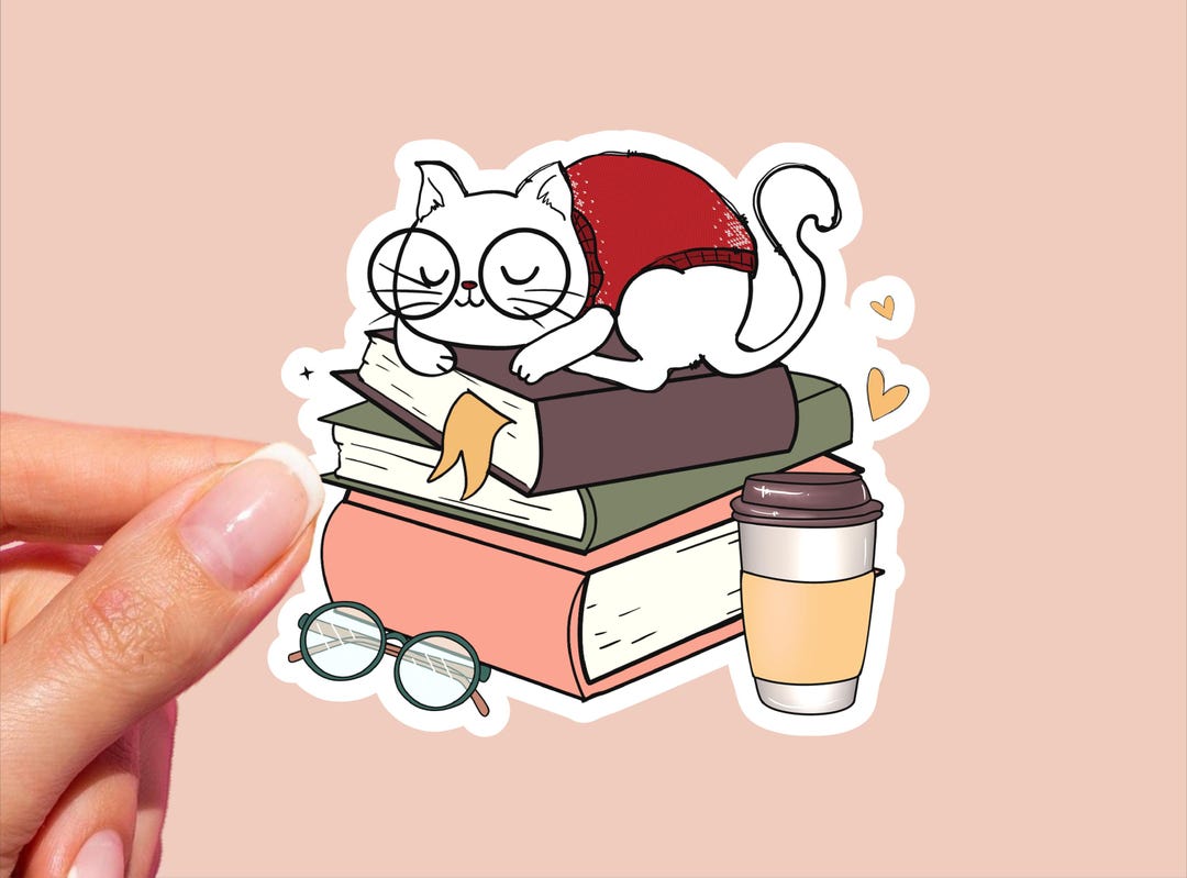 Cat Sticker, Book Sticker, Coffee Sticker, Bookish Sticker, Book Lover ...