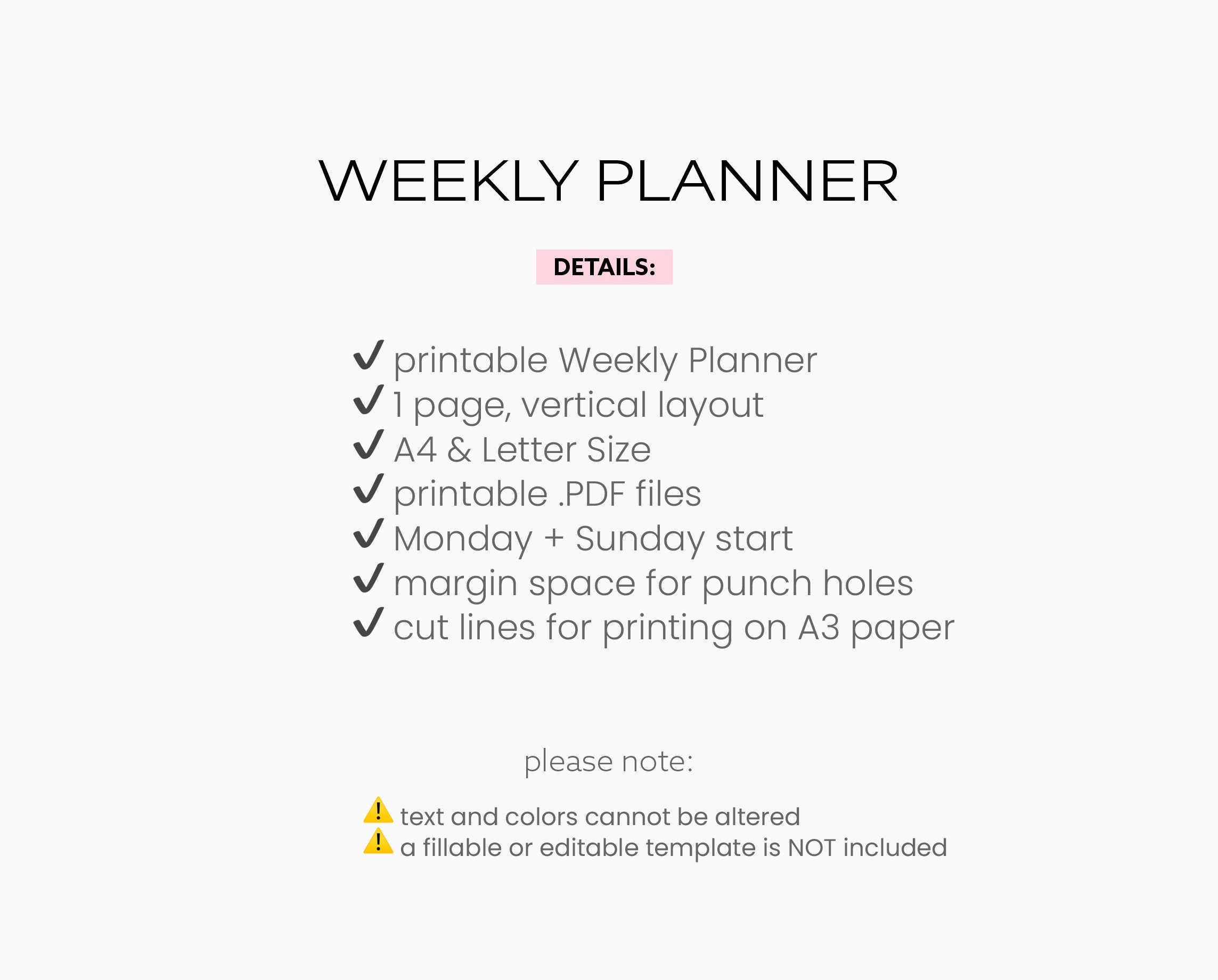 Weekly Planner Printable, A4 & Letter Size, Monday Sunday Start ...