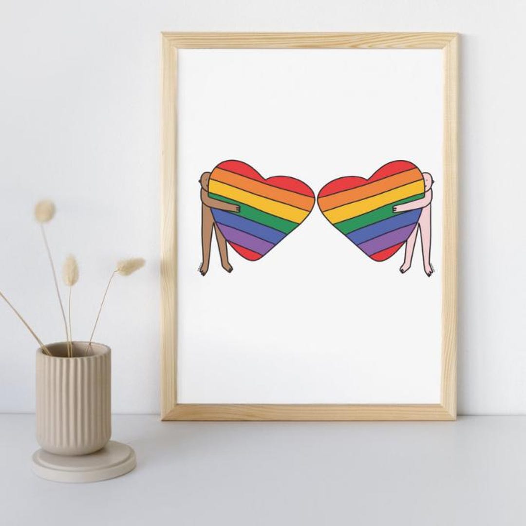 Rainbow Heart Hugs LGBTQIAPN Pride A4 Fine Art Wall Print People of ...