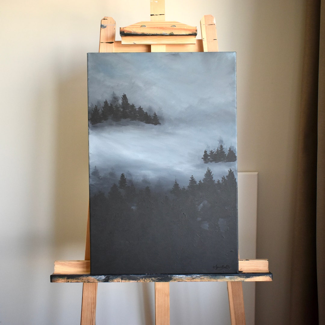Original Dark Nature Painting Moody Forest Foggy Scenery Fog Trees Grey ...