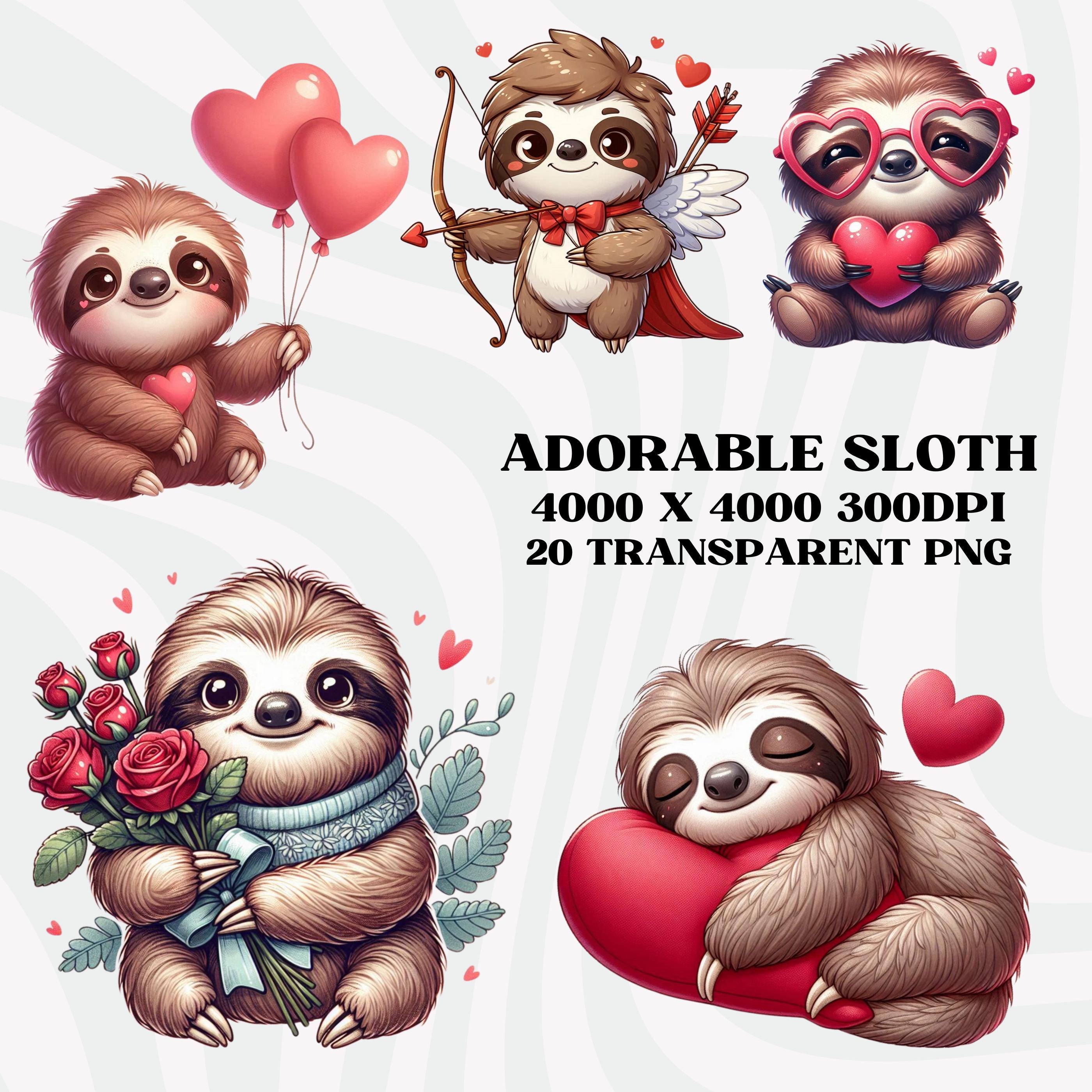 Cute Sloth Clipart, Sloth Valentines Clipart, Sloth PNG Bundle, Sloth ...
