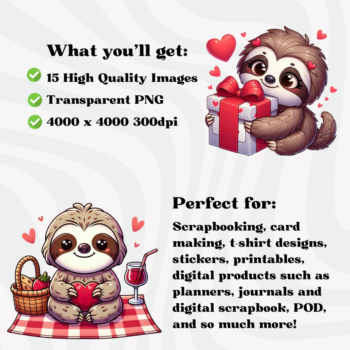 Romantic Sloth Clipart, Sloth Valentines Clipart, Sloth PNG Bundle, Sloth Lovers, Valentines PNG ...