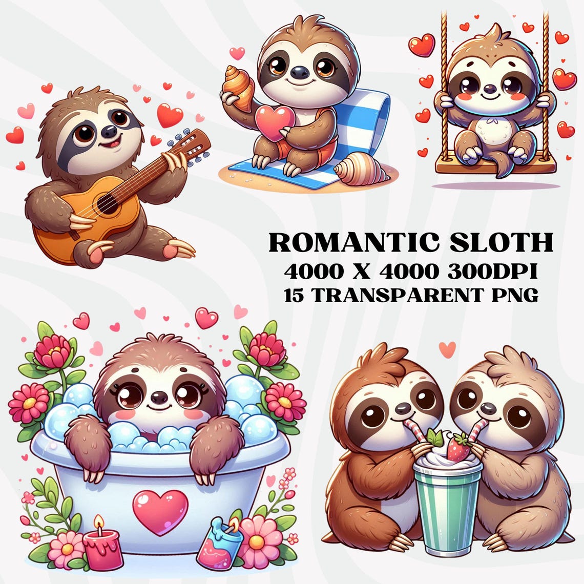 Romantic Sloth Clipart, Sloth Valentines Clipart, Sloth PNG Bundle, Sloth Lovers, Valentines PNG ...