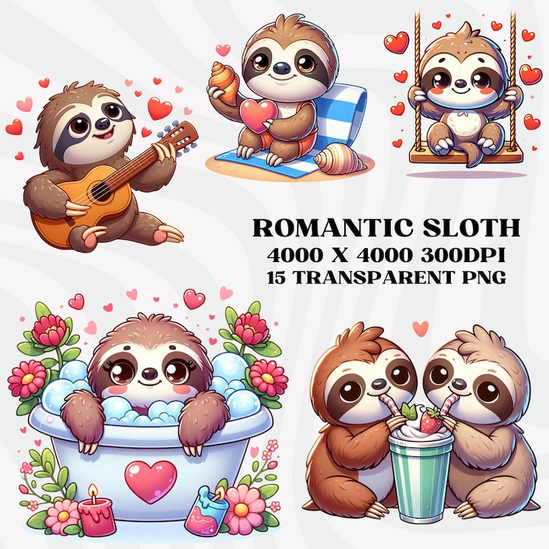 Romantic Sloth Clipart, Sloth Valentines Clipart, Sloth PNG Bundle ...