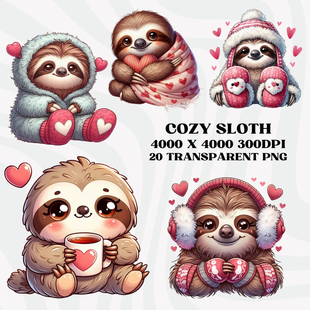 Cozy Sloth Clipart, Sloth Valentines Clipart, Sloth PNG Bundle, Sloth ...