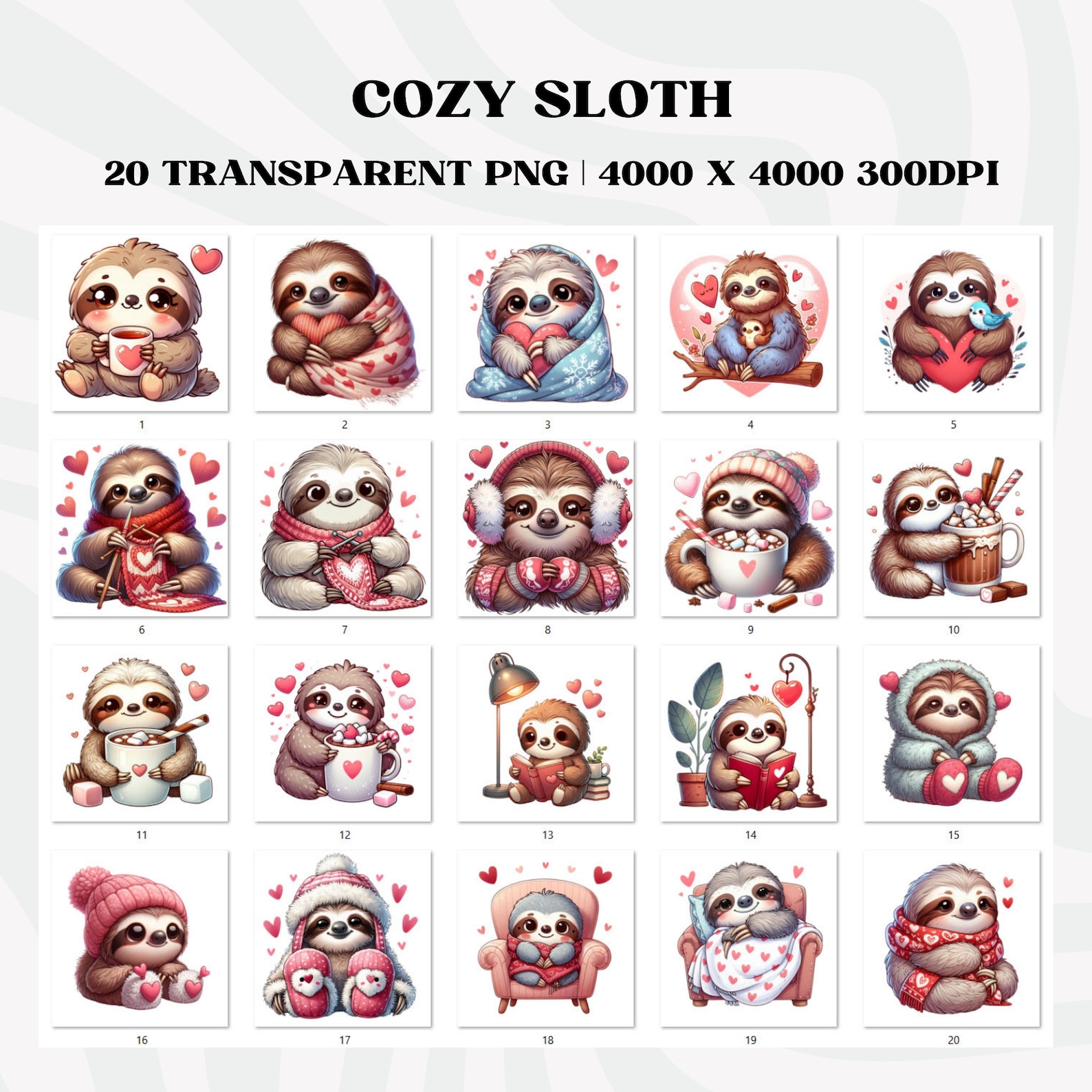 Cozy Sloth Clipart, Sloth Valentines Clipart, Sloth PNG Bundle, Sloth ...