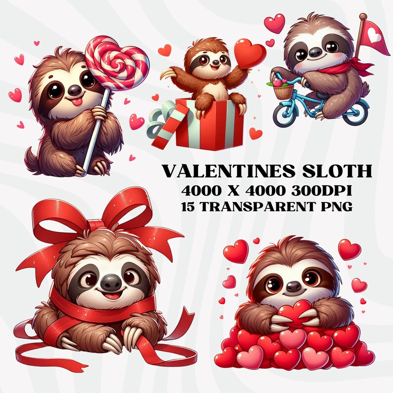 Romantic Sloth Clipart, Sloth Valentines Clipart, Sloth PNG Bundle ...