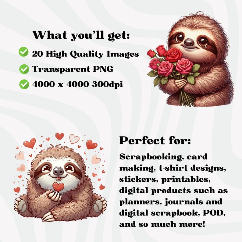 Cute Sloth Clipart, Sloth Valentines Clipart, Sloth PNG Bundle, Sloth ...
