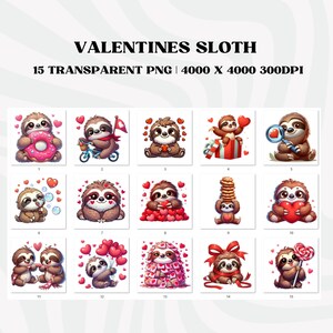 Romantic Sloth Clipart, Sloth Valentines Clipart, Sloth PNG Bundle, Sloth Lovers, Valentines PNG ...