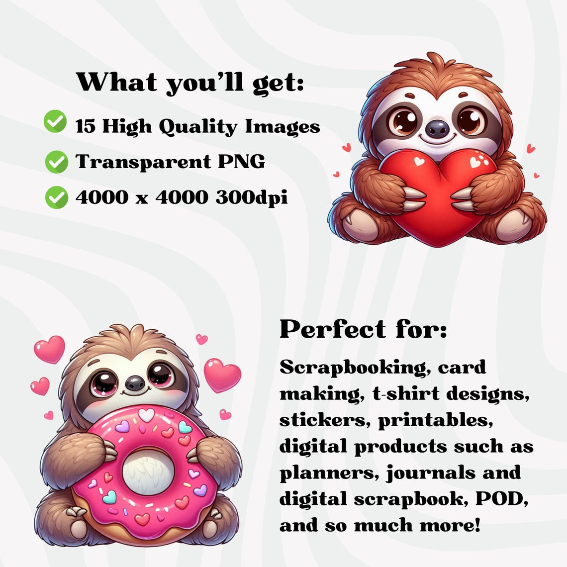 Romantic Sloth Clipart, Sloth Valentines Clipart, Sloth PNG Bundle ...