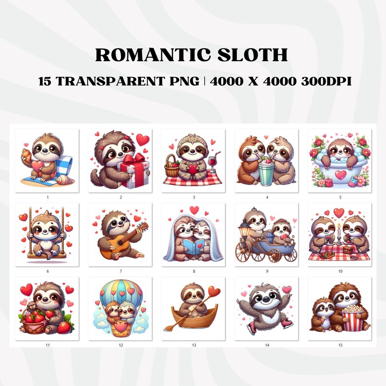 Romantic Sloth Clipart, Sloth Valentines Clipart, Sloth PNG Bundle, Sloth Lovers, Valentines PNG ...
