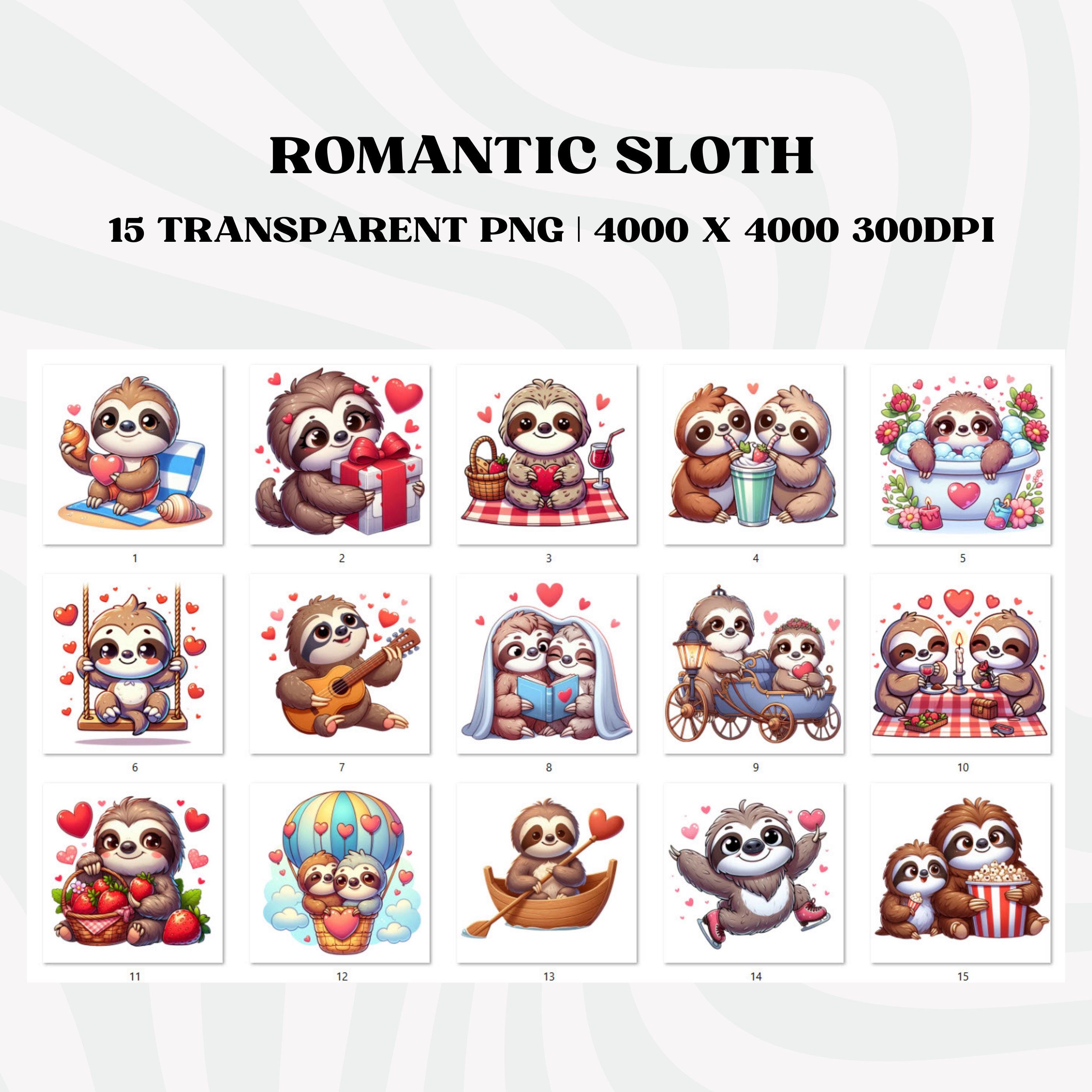 Romantic Sloth Clipart, Sloth Valentines Clipart, Sloth PNG Bundle, Sloth Lovers, Valentines PNG ...