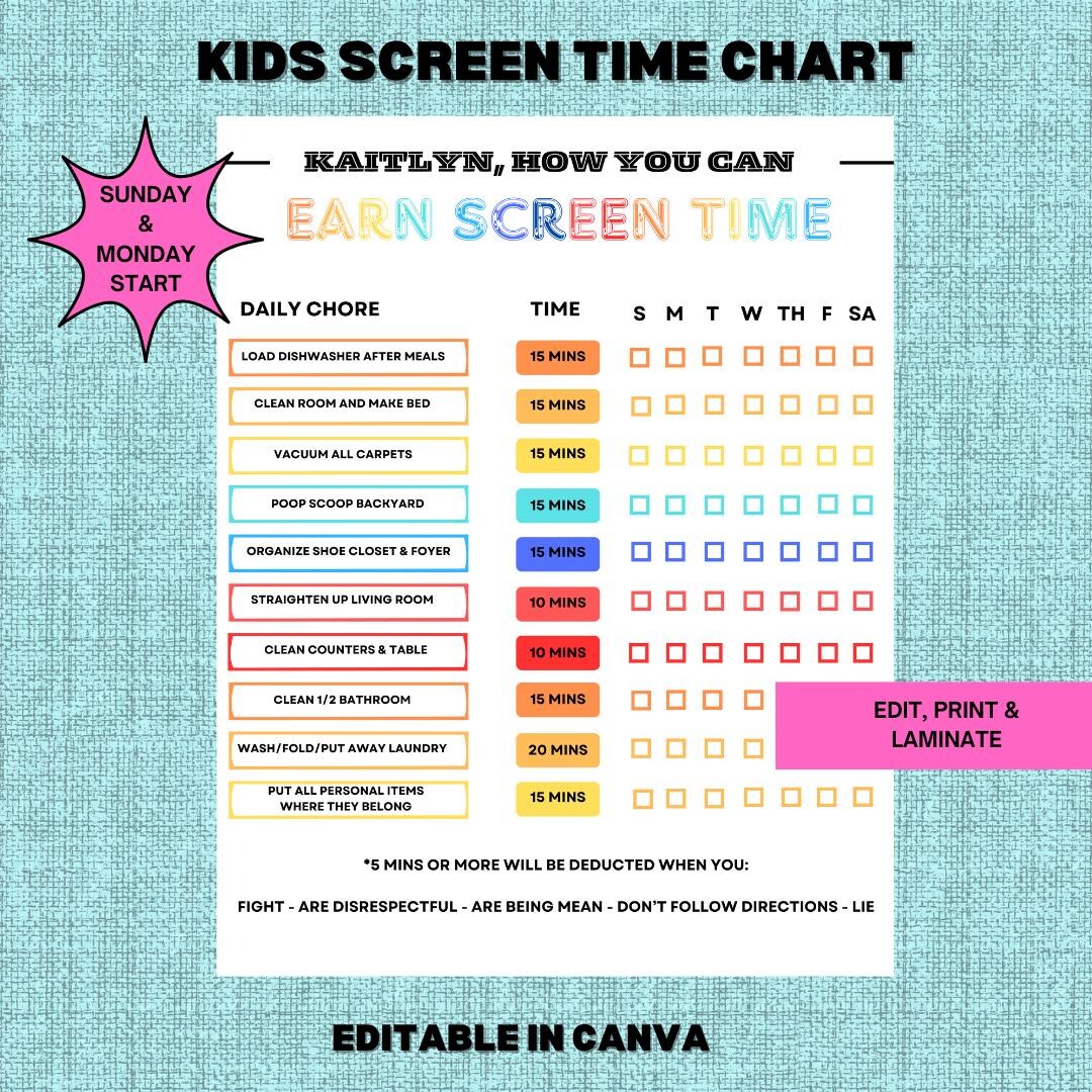 Earn Screen Time, Editable Kids Screen Time Chart, Printable Chore ...