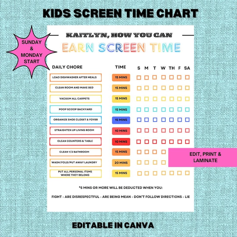 Earn Screen Time, Editable Kids Screen Time Chart, Printable Chore ...