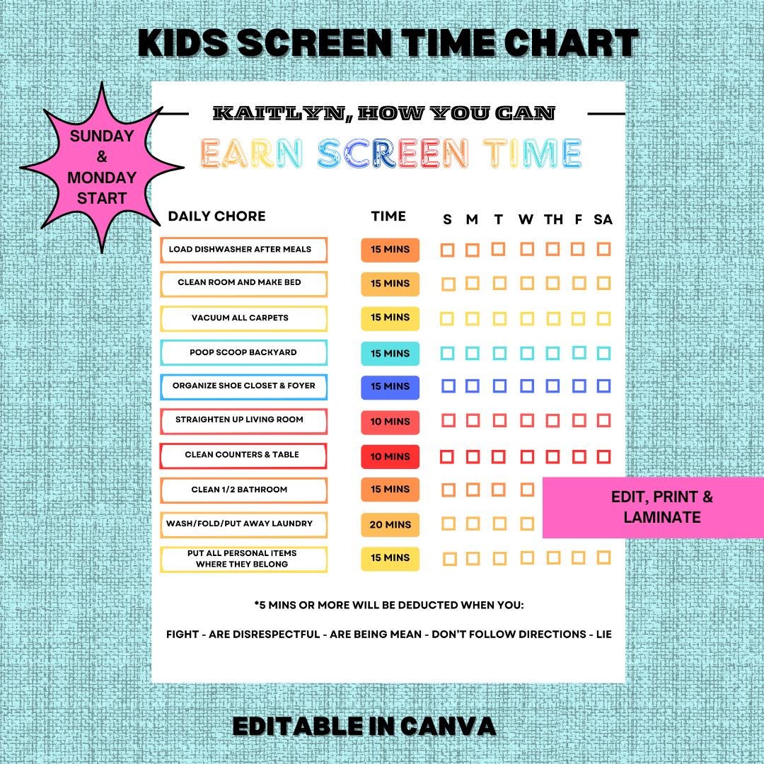 Earn Screen Time, Editable Kids Screen Time Chart, Printable Chore ...