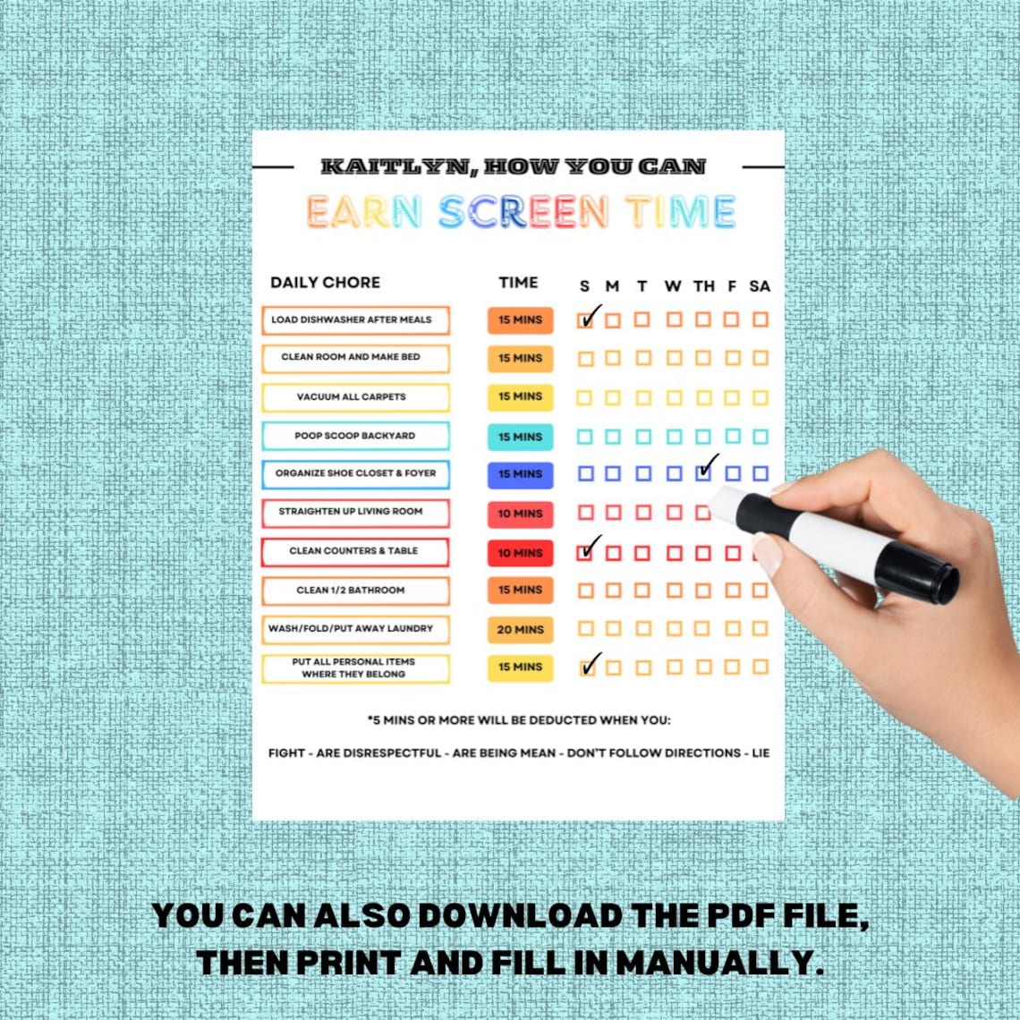 Earn Screen Time, Editable Kids Screen Time Chart, Printable Chore ...