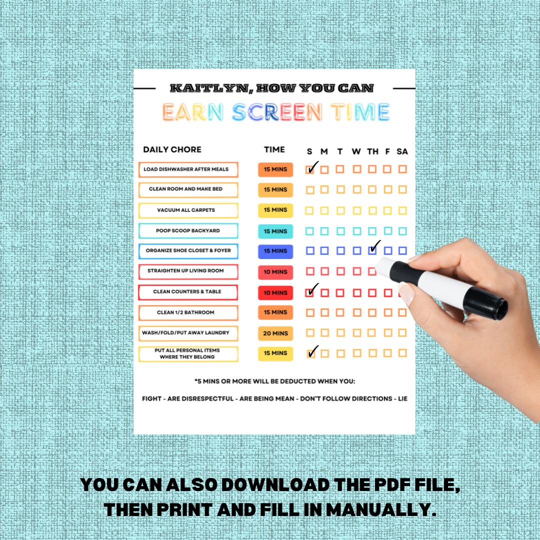 Earn Screen Time, Editable Kids Screen Time Chart, Printable Chore ...